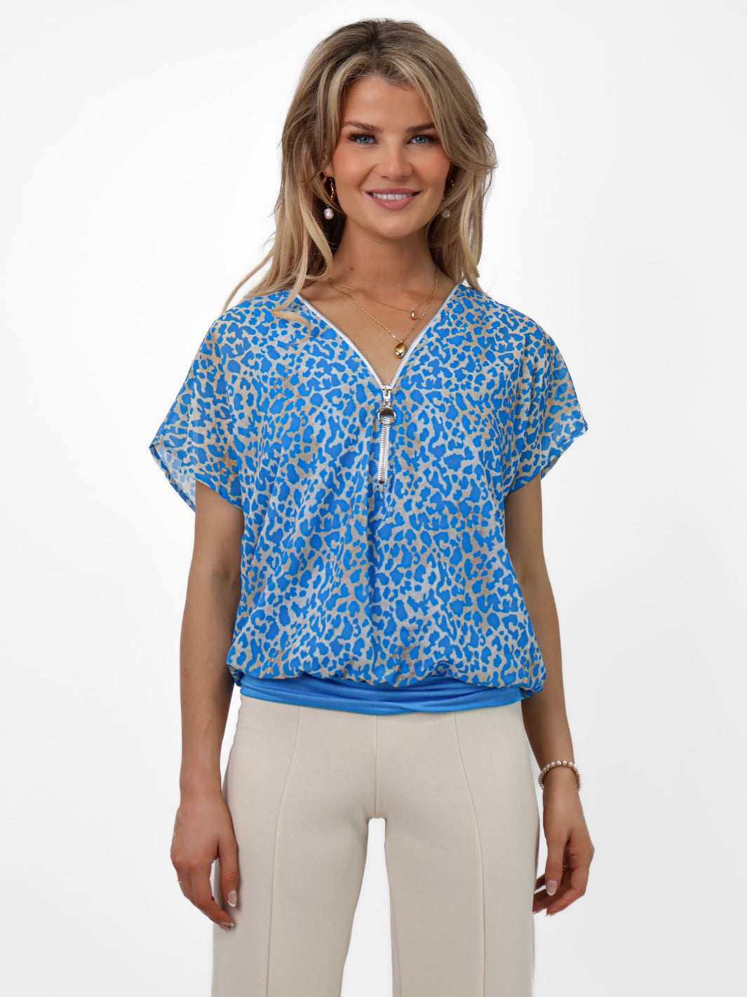 Kate & Pippa Eva Zip Top In Tiffany Blue Animal Print – Nicola Ross