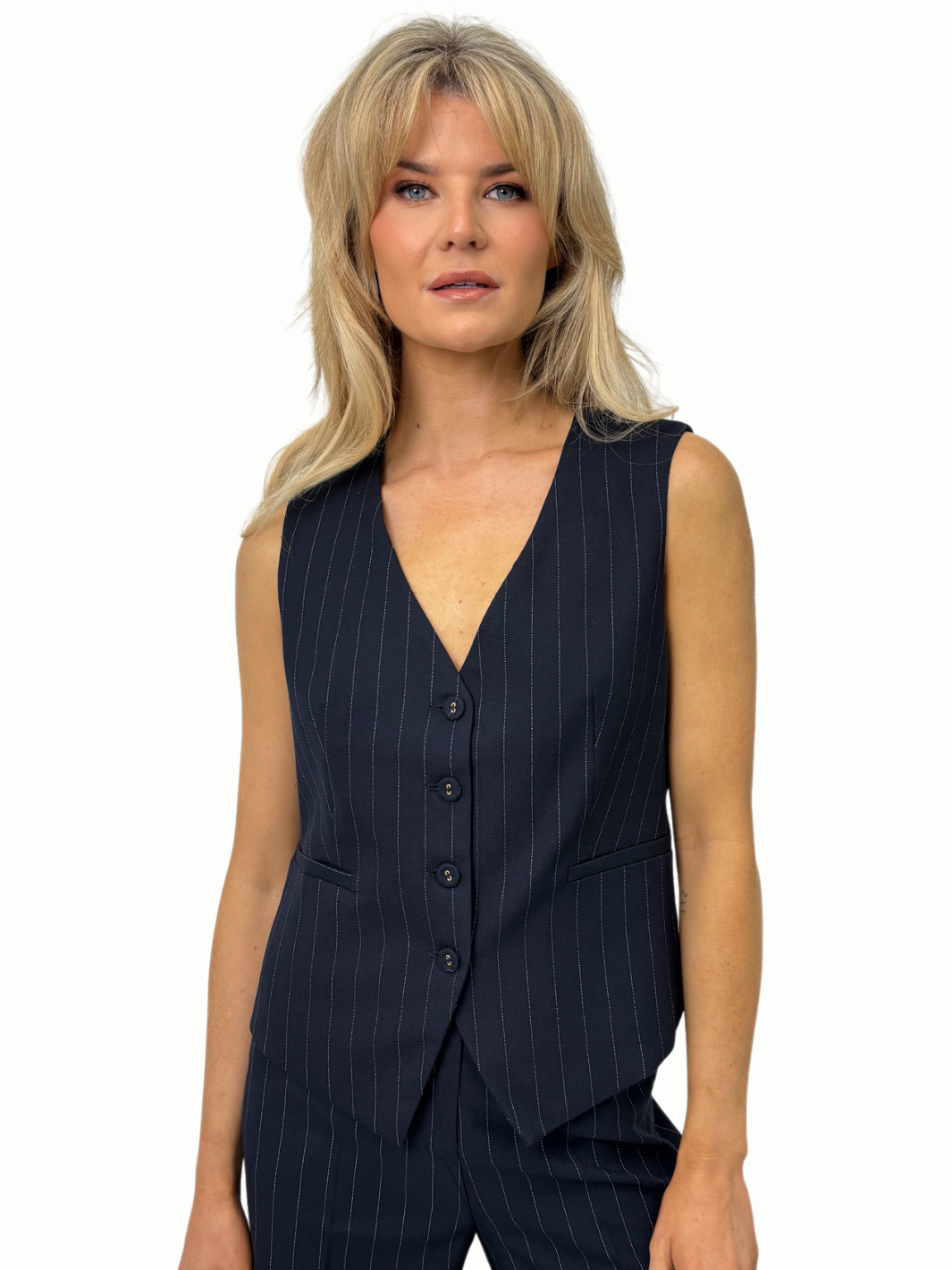 Kate & Pippa Rica Waistcoat In Navy Pinstripe – Nicola Ross